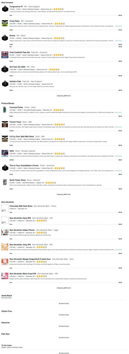 District 1 Brewing Company menu in Stevens Point, Wisconsin, USA