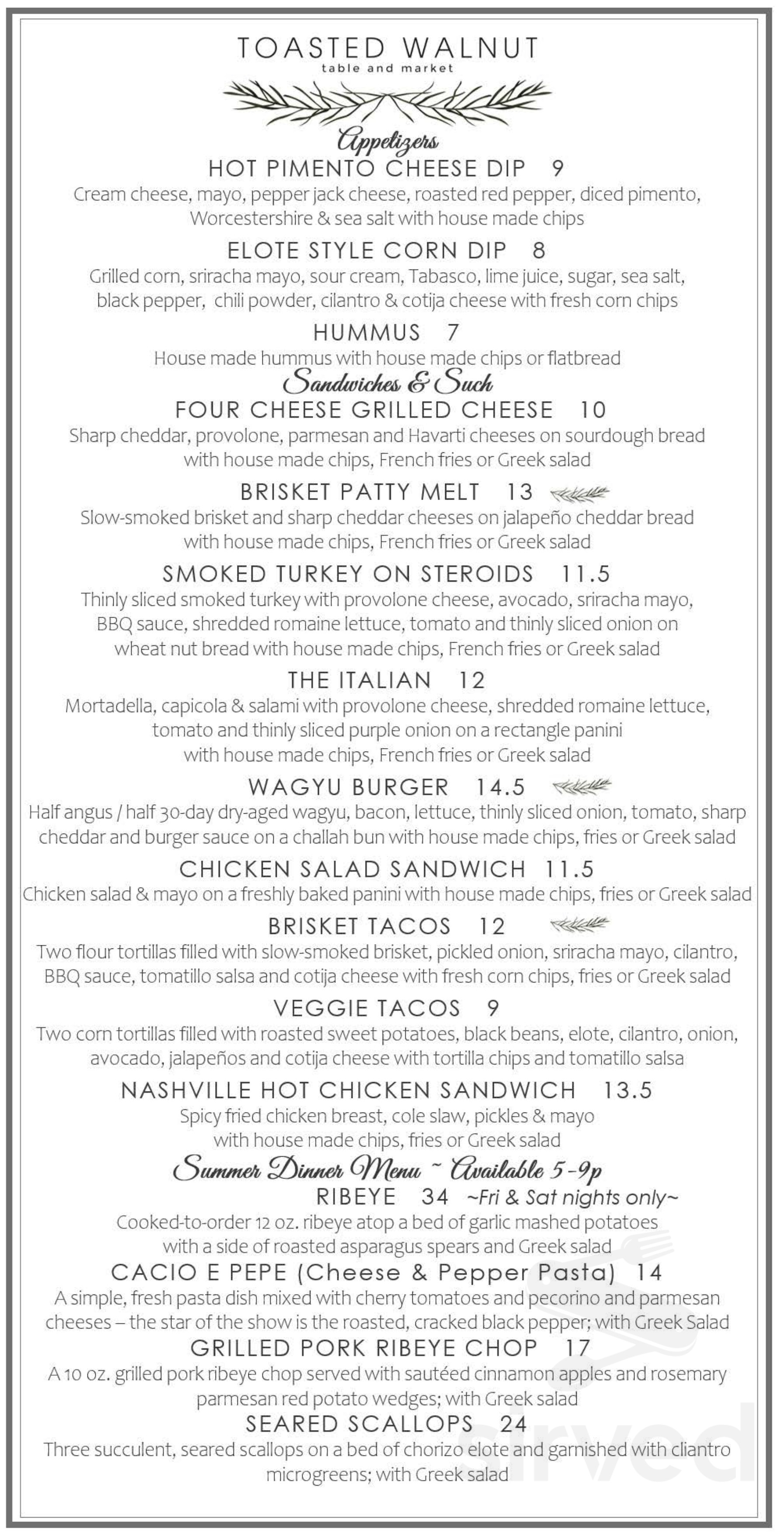 Menu - Celina TX's Toasted Walnut Table and Market | Sirved