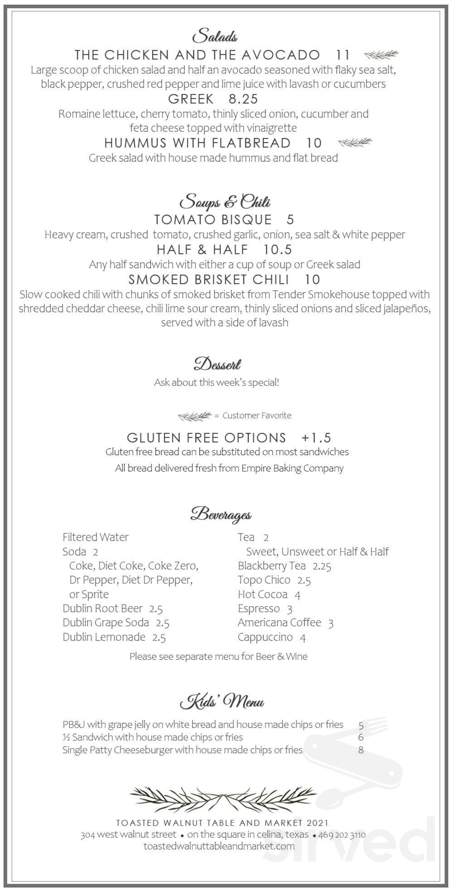 Menu - Celina TX's Toasted Walnut Table and Market | Sirved