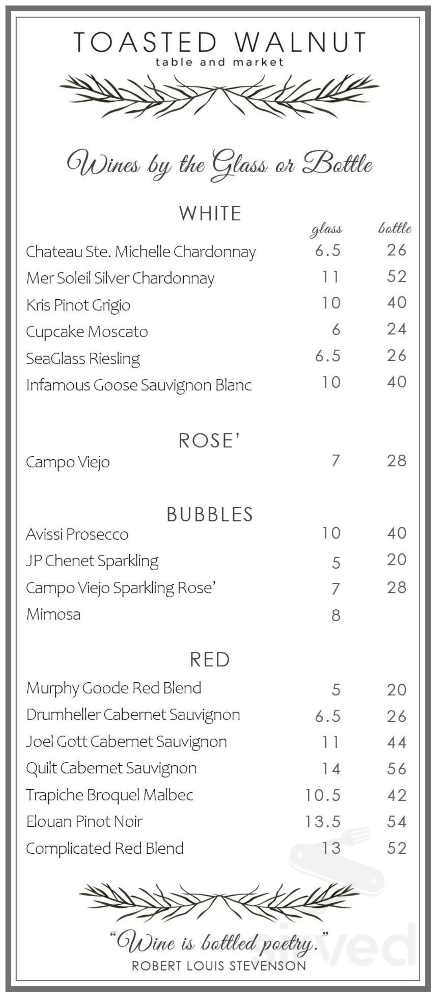 Menu - Celina TX's Toasted Walnut Table and Market | Sirved