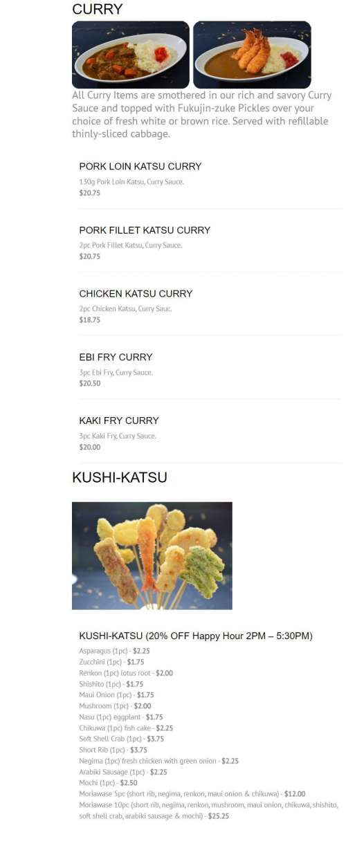 KOROMO katsu & curry bistro menu in Aiea, Hawaii, USA