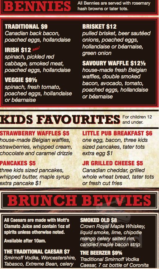 Limericks Traditional Public House menu in Calgary, Alberta, Canada