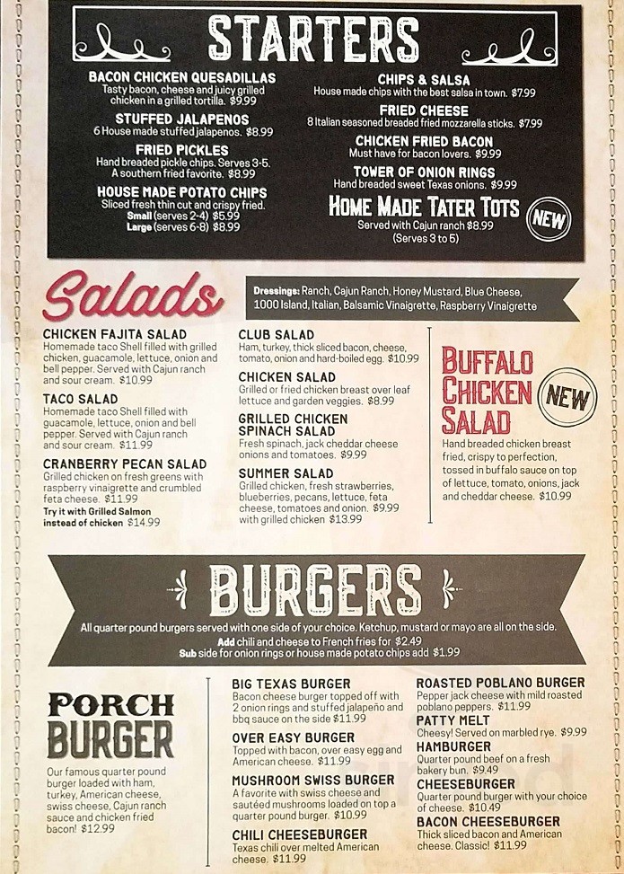 The Porch Arlington menu in Arlington, Texas, USA