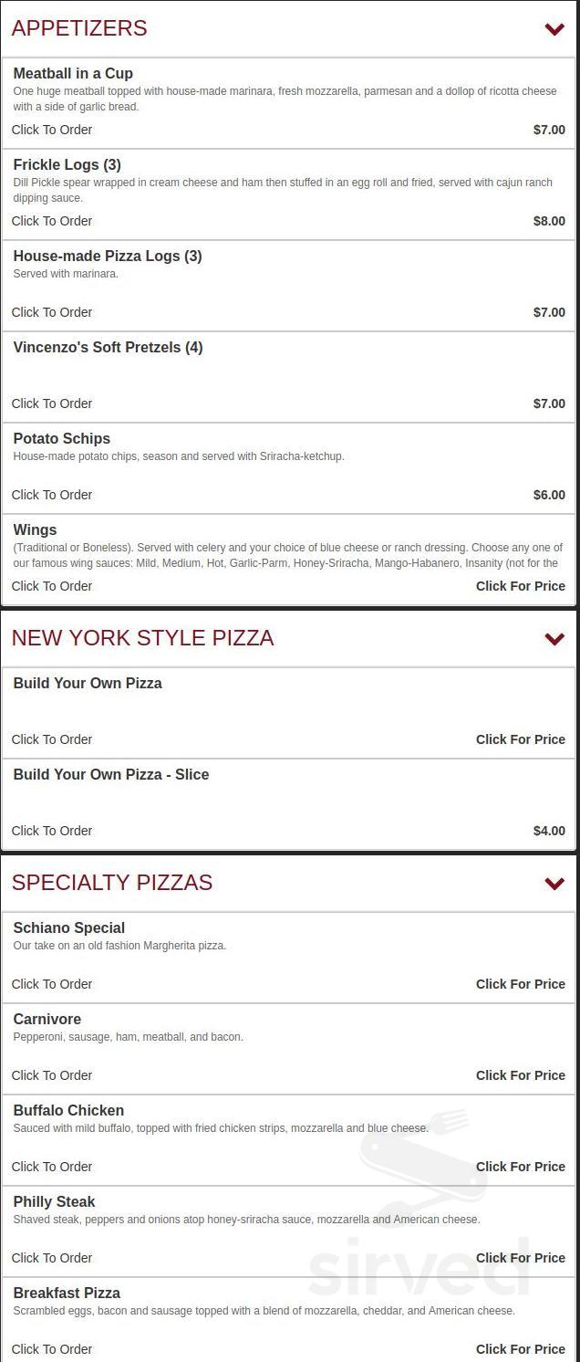 Menu - Rochester NY's Schiano's Pizzeria | Sirved