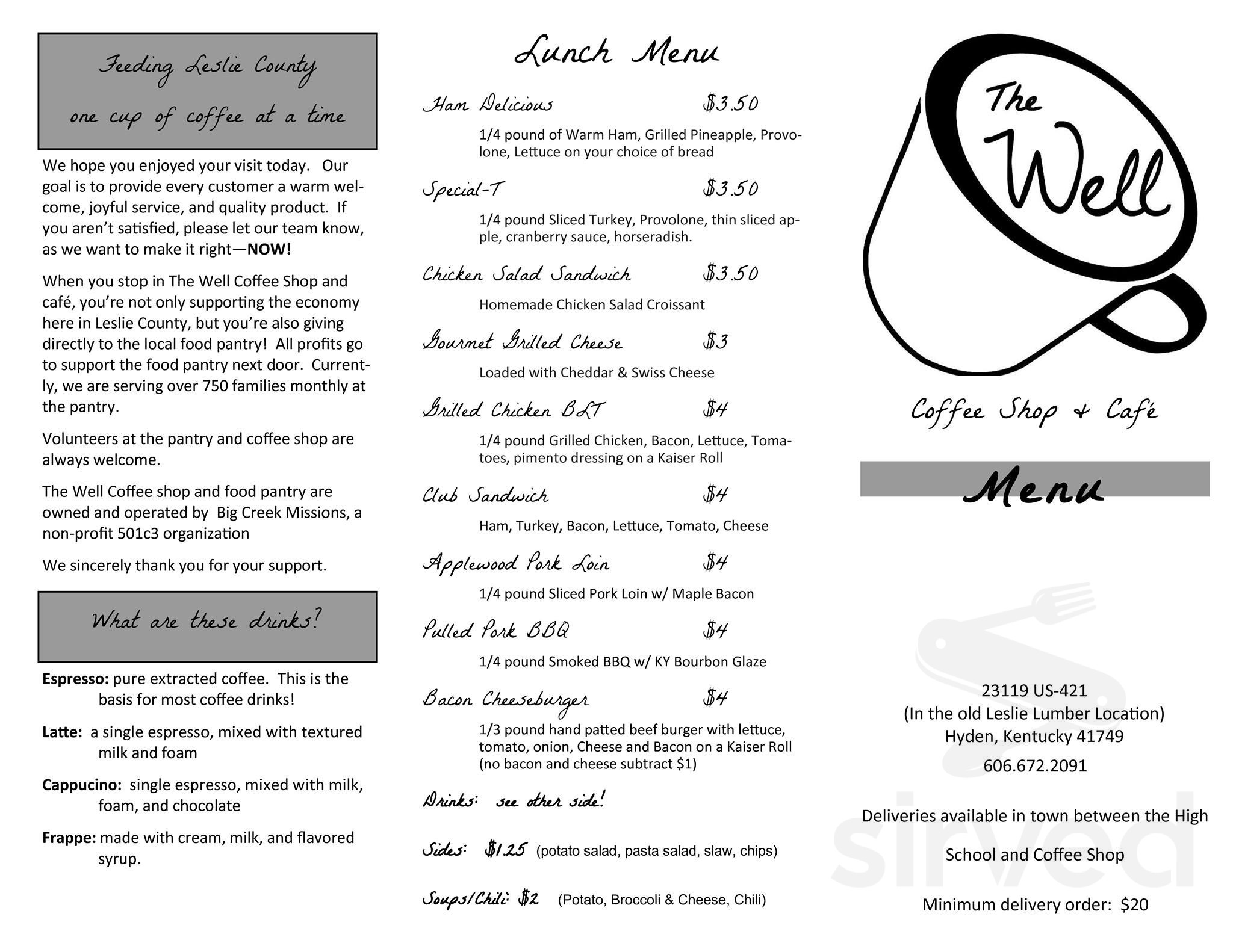 The Well Coffee Shop menu in Hyden, Kentucky, USA