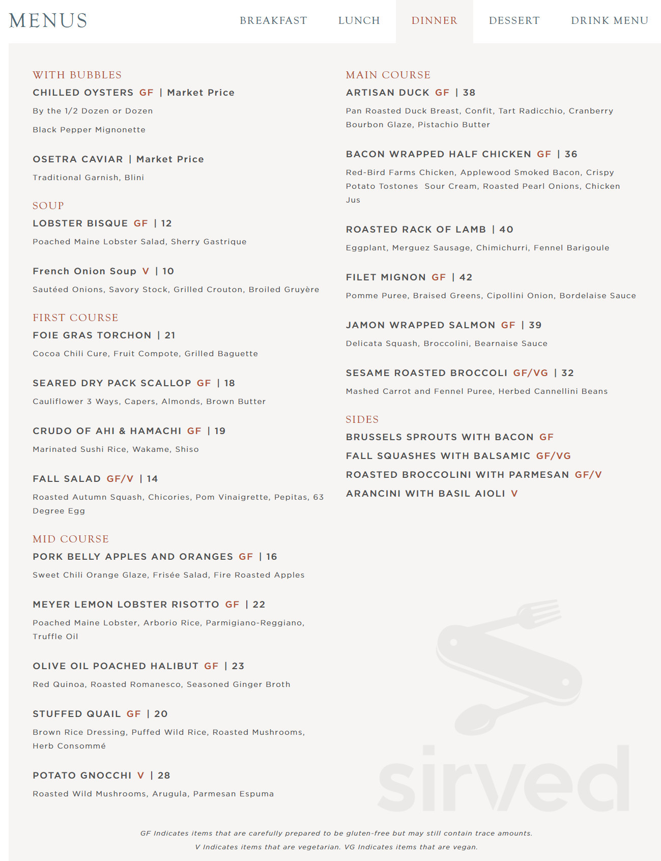 Grand View Dining Room menu in Colorado Springs, Colorado, USA