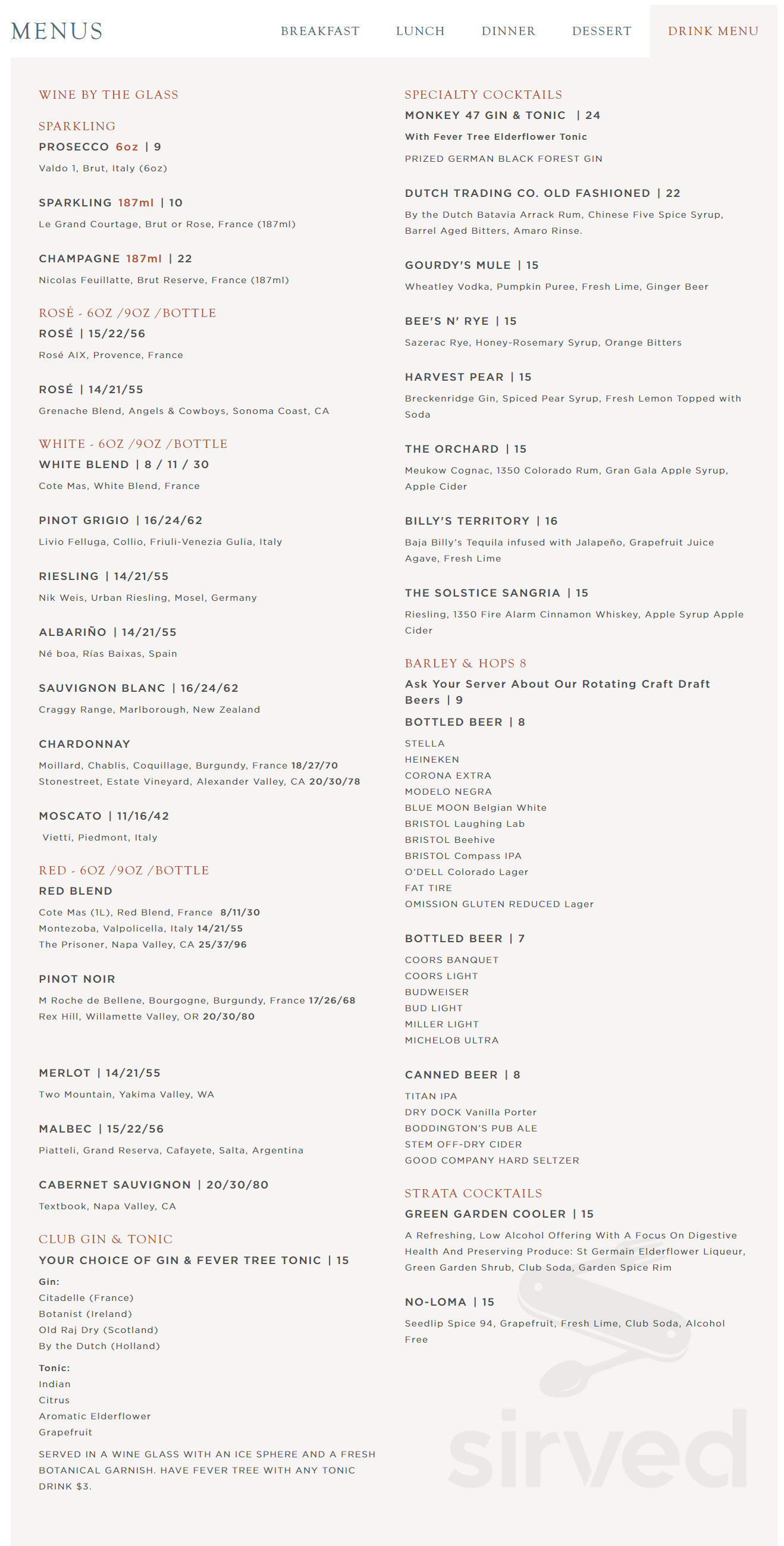 Grand View Dining Room menu in Colorado Springs, Colorado, USA