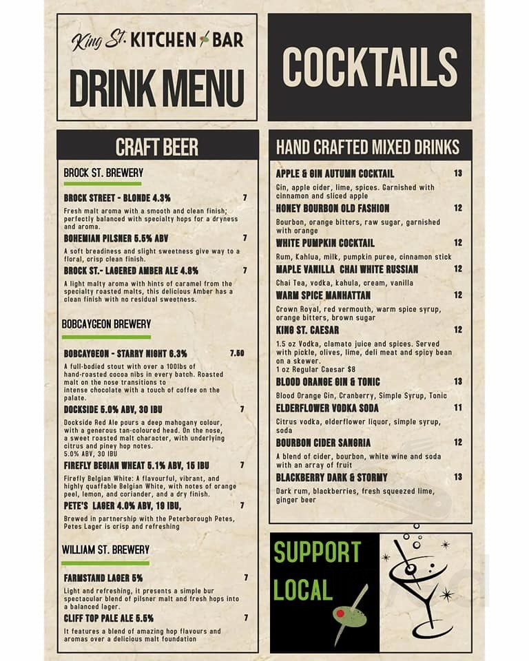 King St. Kitchen & Bar menus in Cobourg, Ontario, Canada