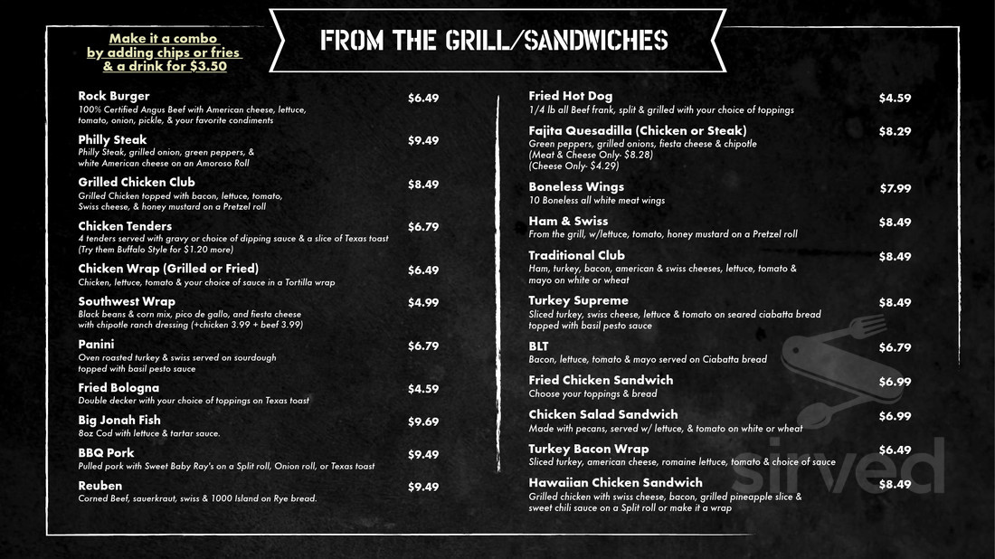 The Rock Cafe menu in Paris, Kentucky, USA