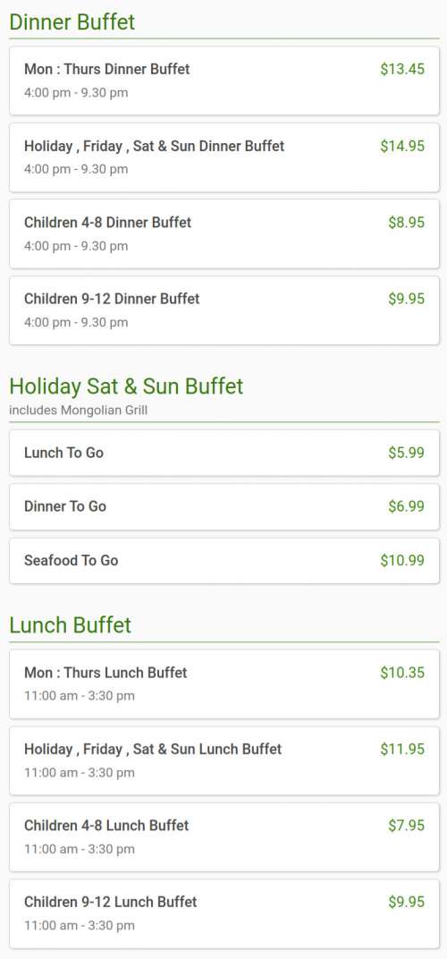 Super China Buffet menu in Spring Hill, Tennessee, USA