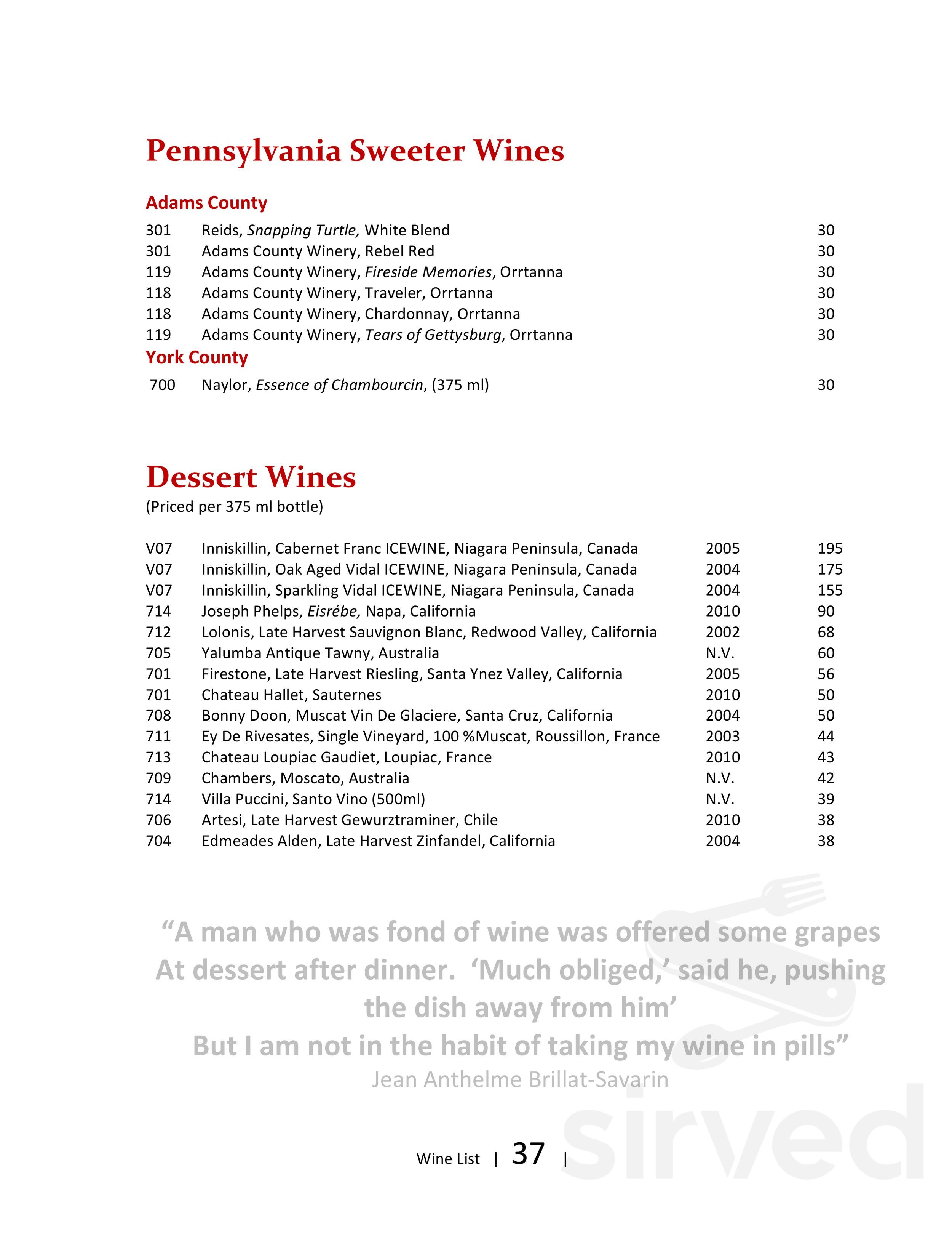 Inn at Herr Ridge B&B menus in Gettysburg, Pennsylvania, United States