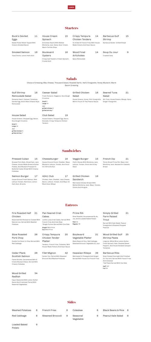 Boulevard American Bistro menu in Covington, Louisiana, USA