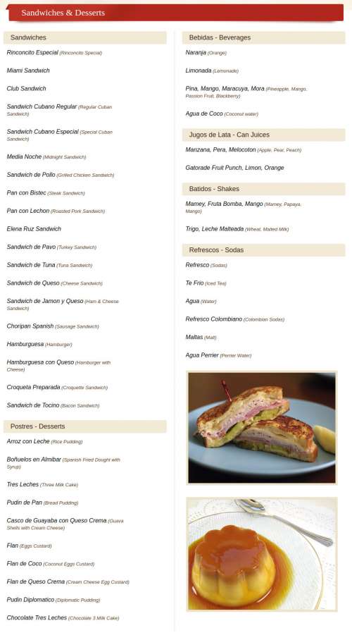El Rinconcito Latino Doral menu in Miami, Florida, USA