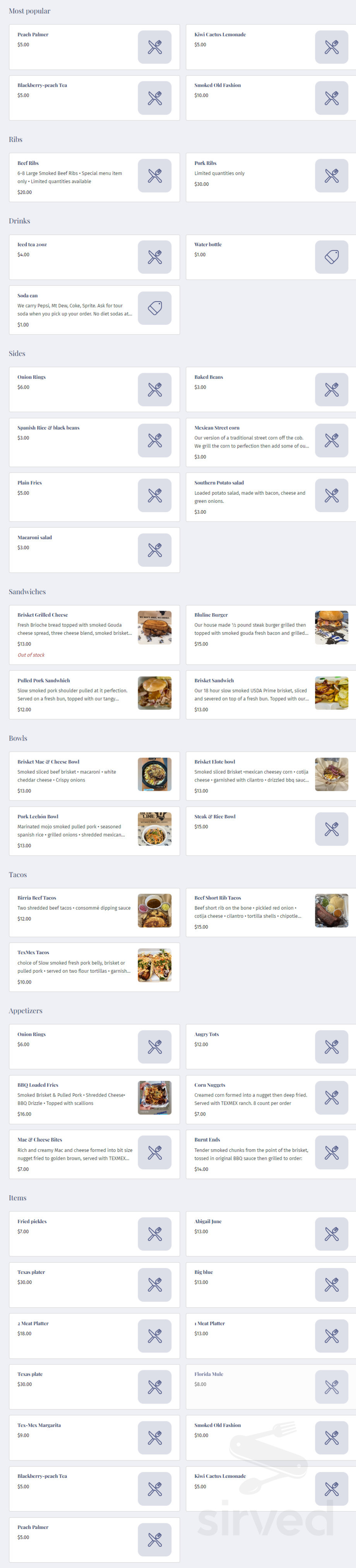 Menu for Blueline Q in Newberry, FL | Sirved