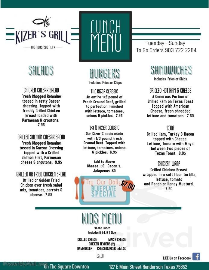 Kizer's Grill menu in Tyler, Texas, USA