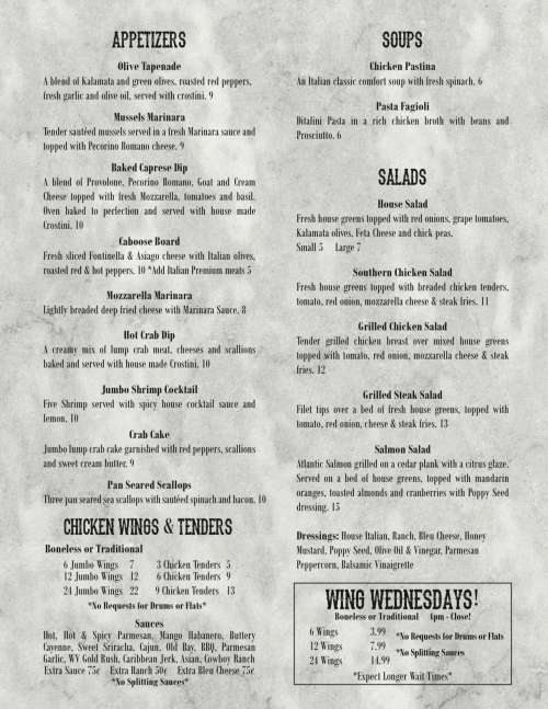 The Caboose menu in Clarksburg, West Virginia, USA