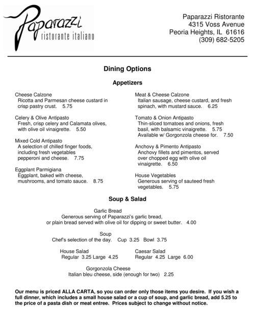 Paparazzi menu in Peoria Heights, Illinois, USA