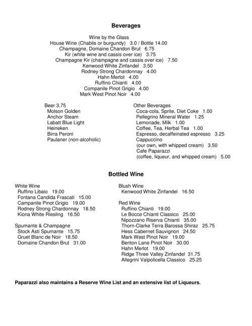 Paparazzi menu in Peoria Heights, Illinois, USA