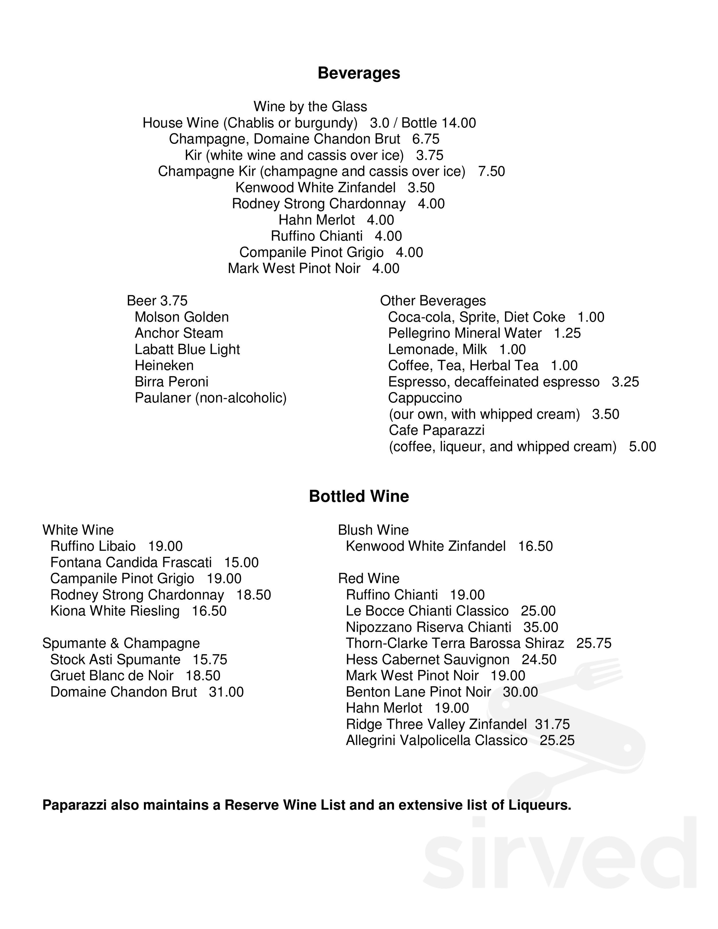 Paparazzi menu in Peoria Heights, Illinois, USA