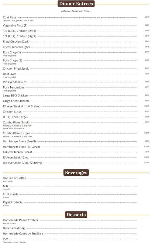 Heritage House Restaurant menu in Windsor, North Carolina, USA