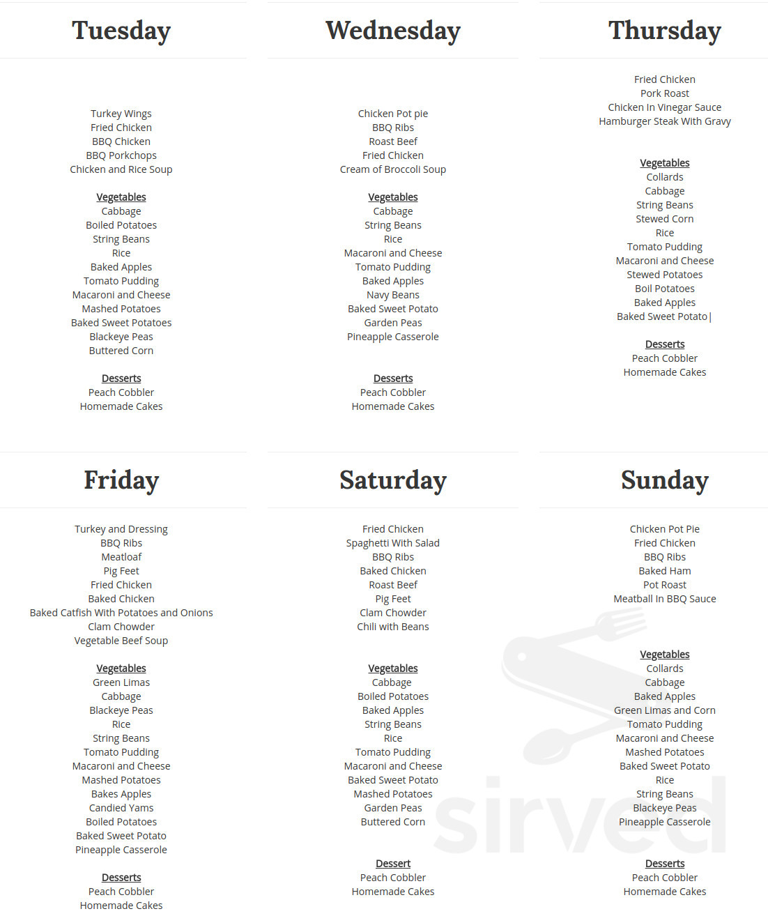 Heritage House Restaurant menu in Windsor, North Carolina, USA