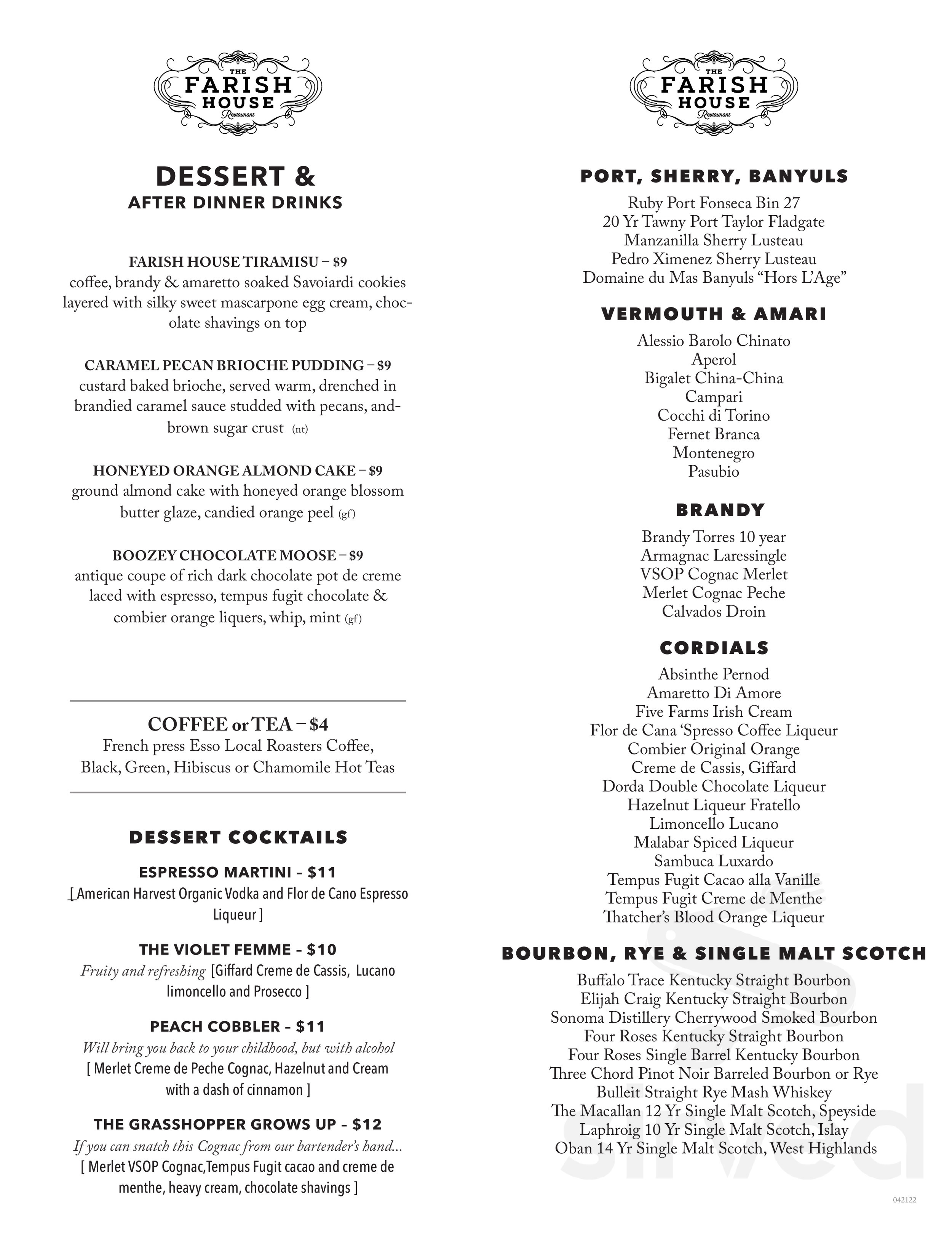 The Farish House menu in Phoenix, Arizona, USA