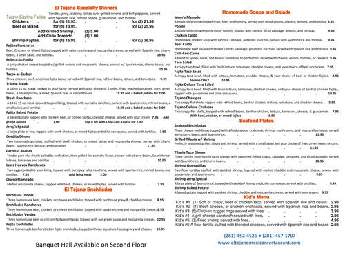 El Tejano Mexican Restaurant and Banquet Hall menu in Channelview ...