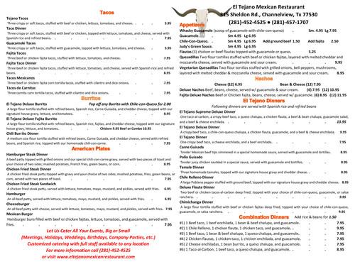 El Tejano Mexican Restaurant and Banquet Hall menu in Channelview ...