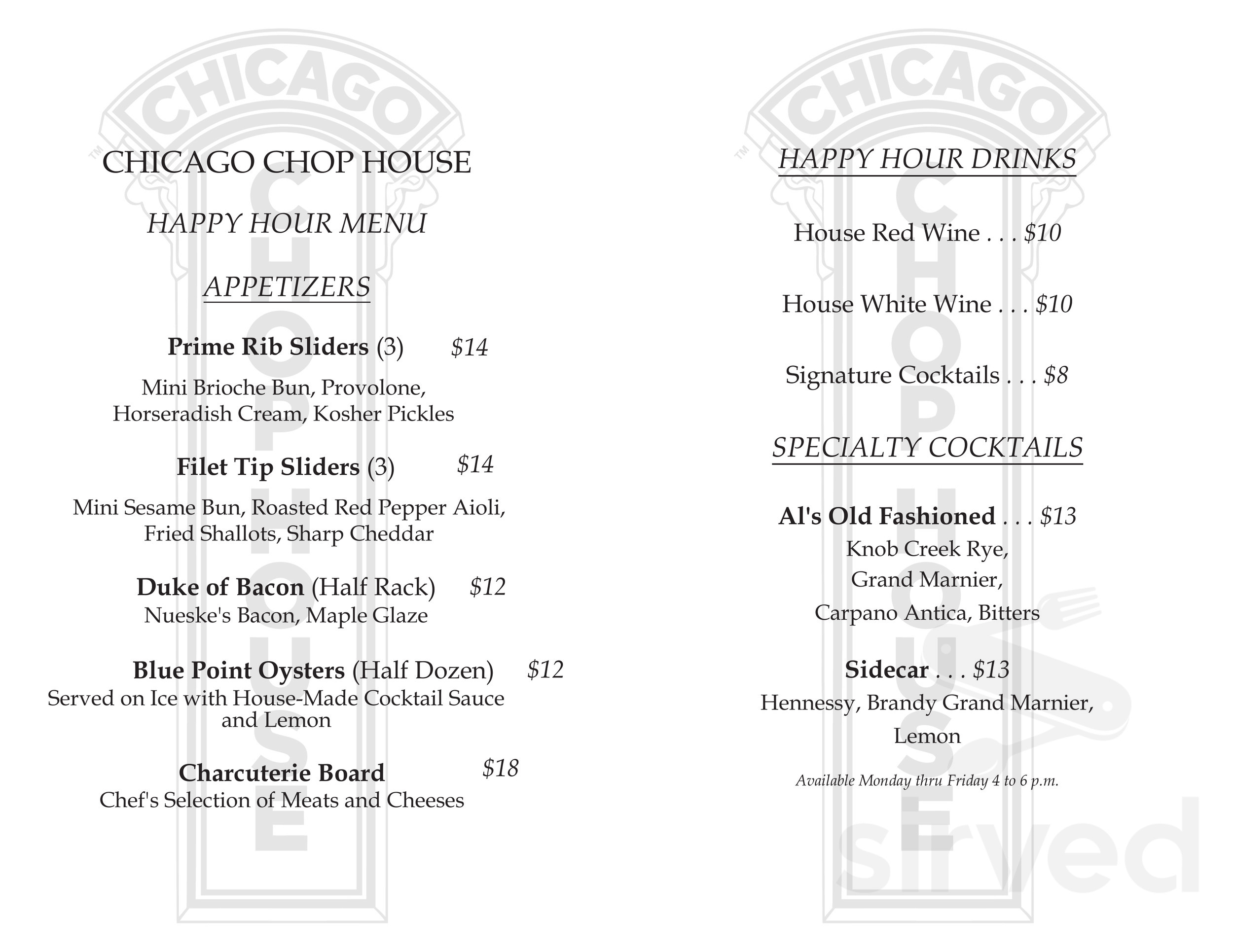 Chicago Chop House menu in Chicago, Illinois, USA