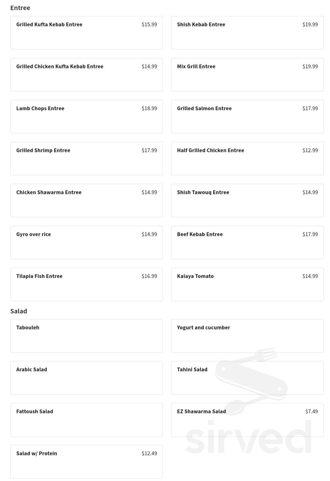 Menu - Norridge IL's EZ Shawarma | Sirved
