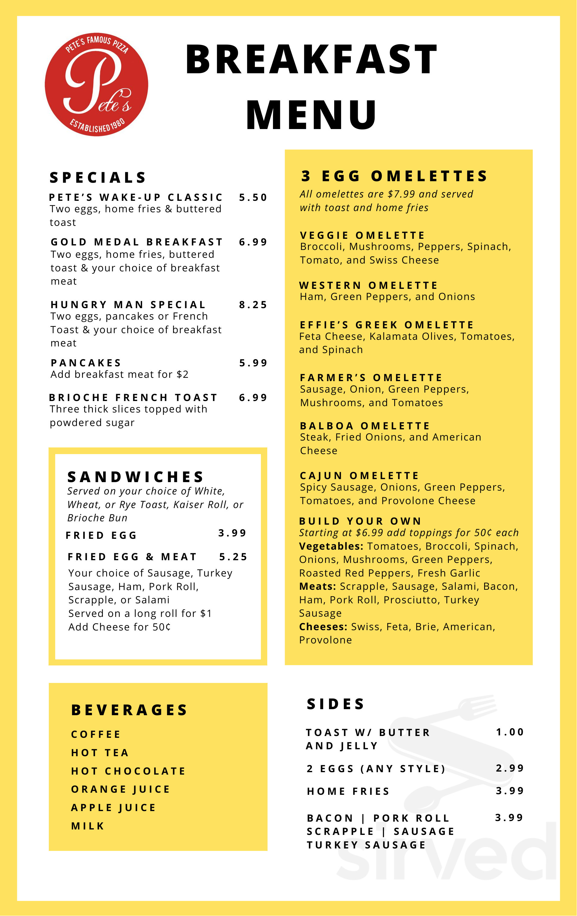 Pete's Famous Pizza menu in Philadelphia, Pennsylvania, USA