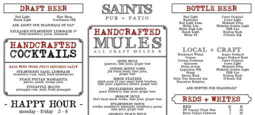 Menu for Saints Pub + Patio Independence in Independence, MO | Sirved