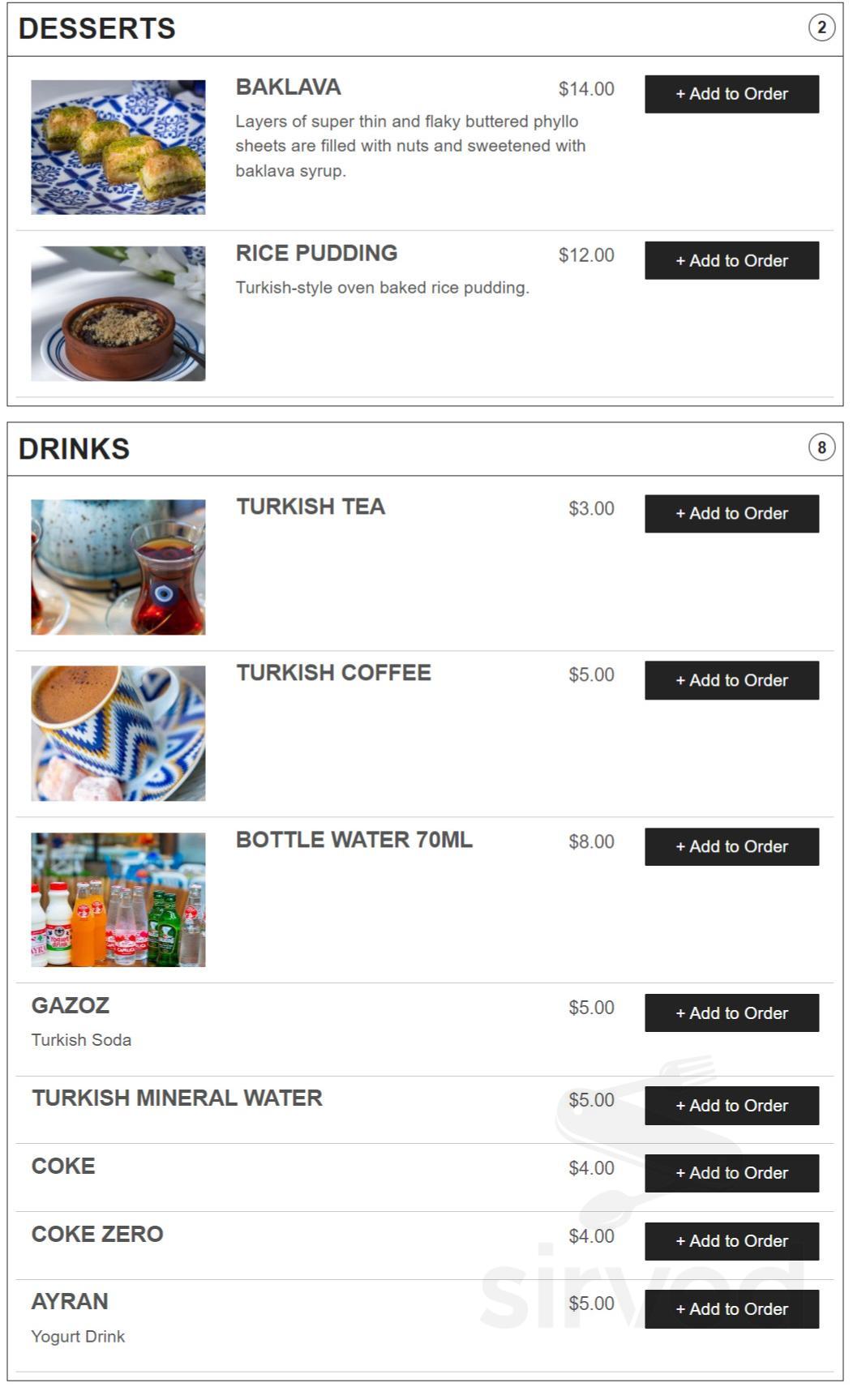 El Turco Turkish Food menu in Miami, Florida, USA