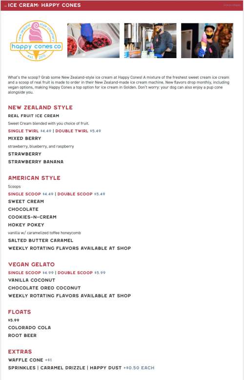 The Golden Mill menu in Golden, Colorado, USA