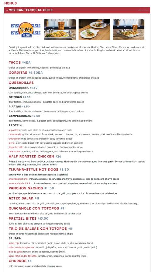 The Golden Mill menu in Golden, Colorado, USA