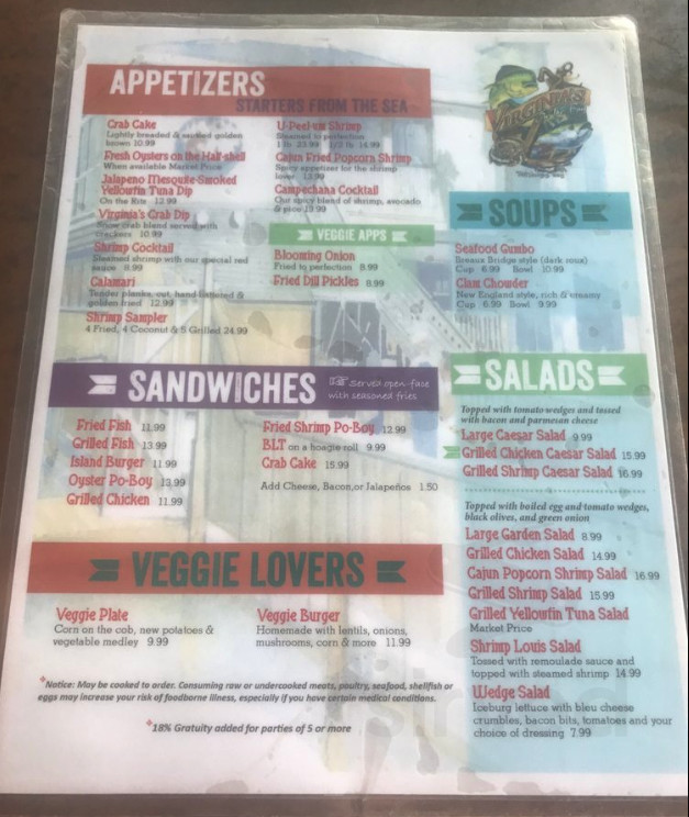 Menu for Virginia's On the Bay in Port Aransas, TX | Sirved