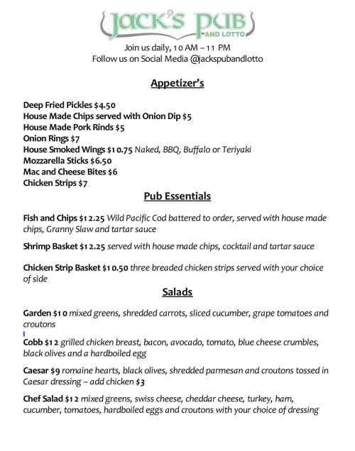 Jack's Pub and Lotto menu in Monmouth, Oregon, USA