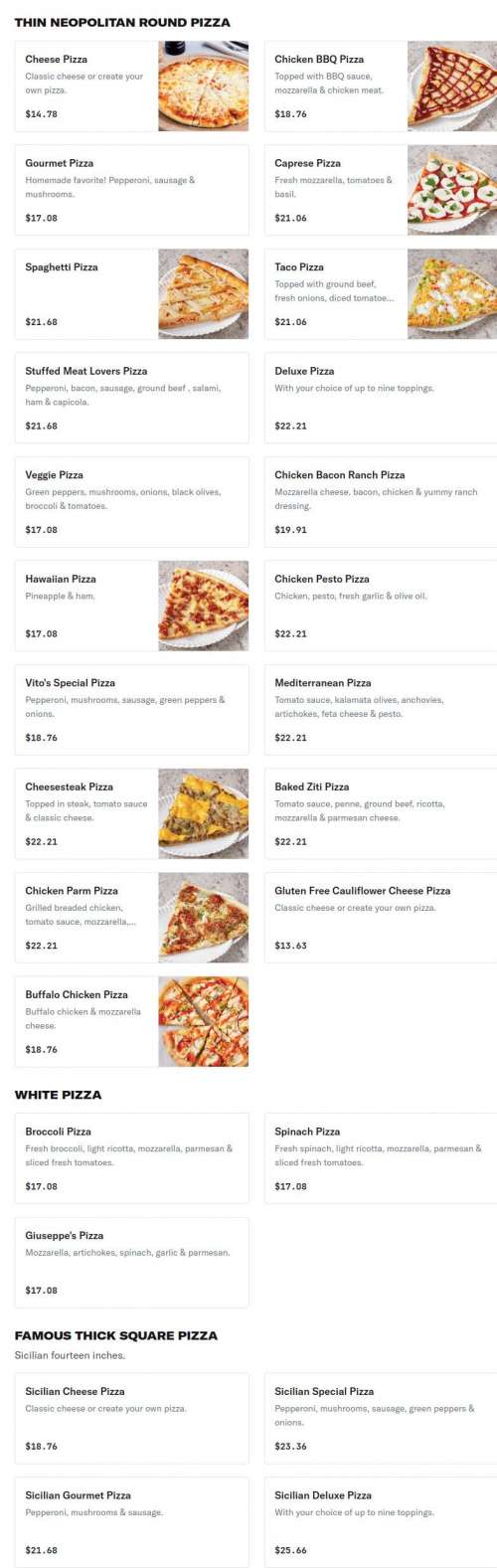 Vito's Pizza menu in Baltimore, Maryland, USA