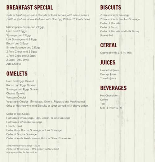 Niki's West menu in Birmingham, Alabama, USA