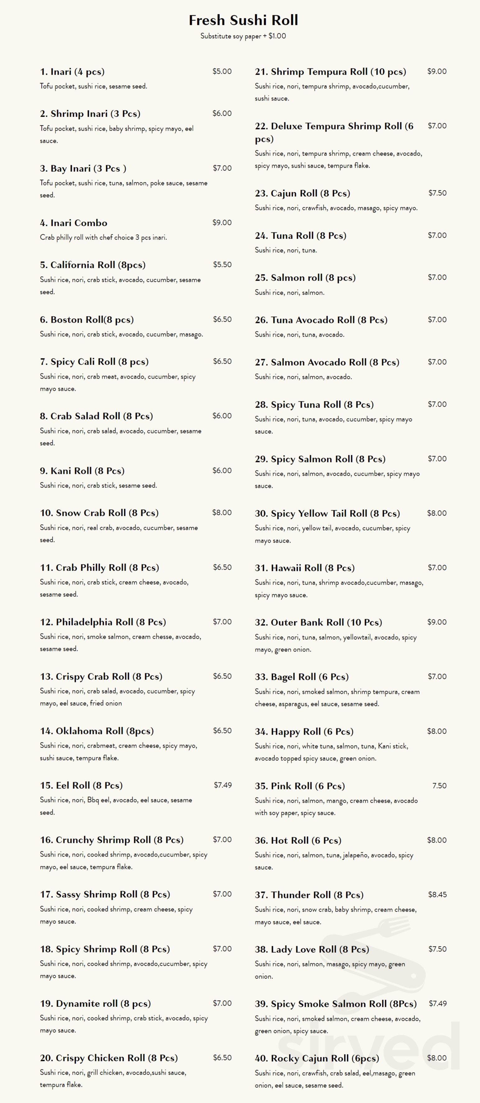 Creek Sushi and Poke menu in Oklahoma City, Oklahoma, USA