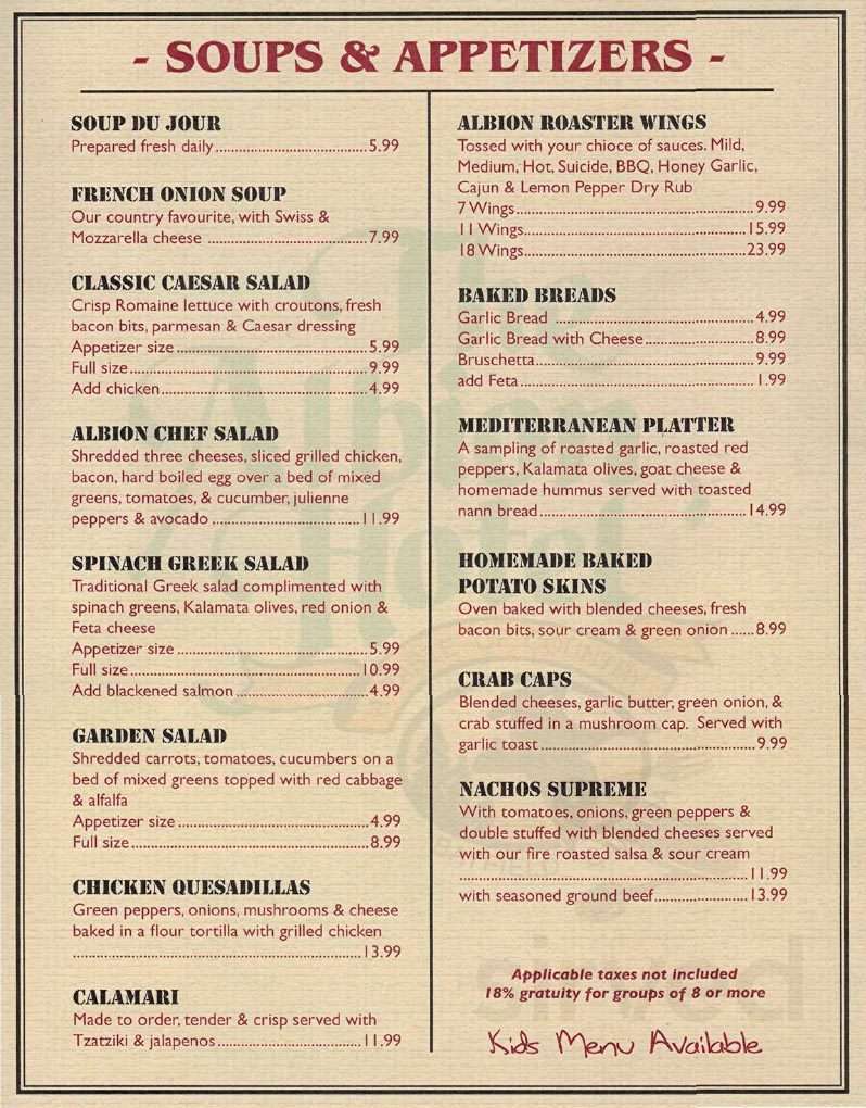 The Albion Hotel menus in Bayfield, Ontario, Canada