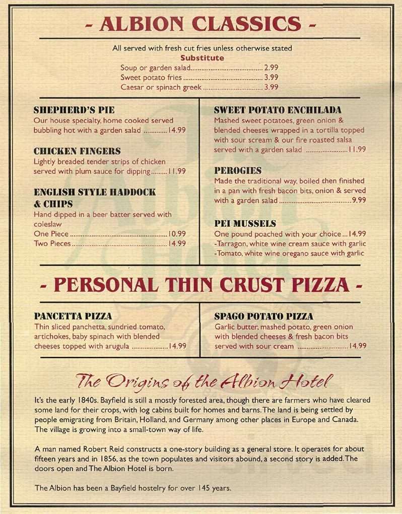 The Albion Hotel menus in Bayfield, Ontario, Canada