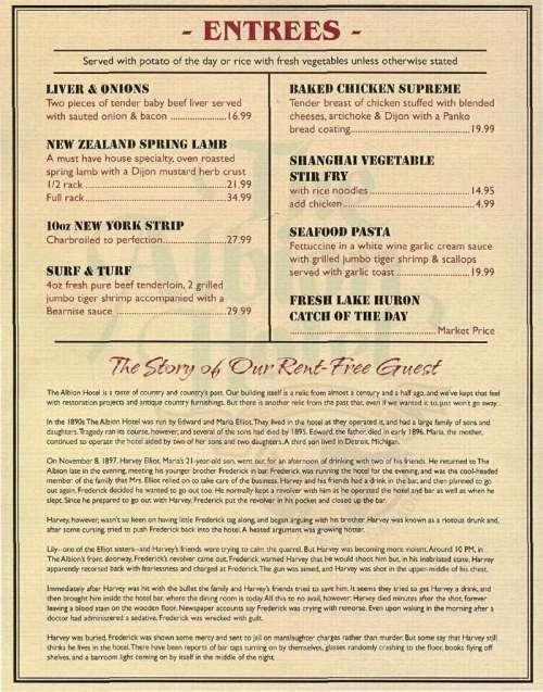 The Albion Hotel menu in Bayfield, Ontario, Canada