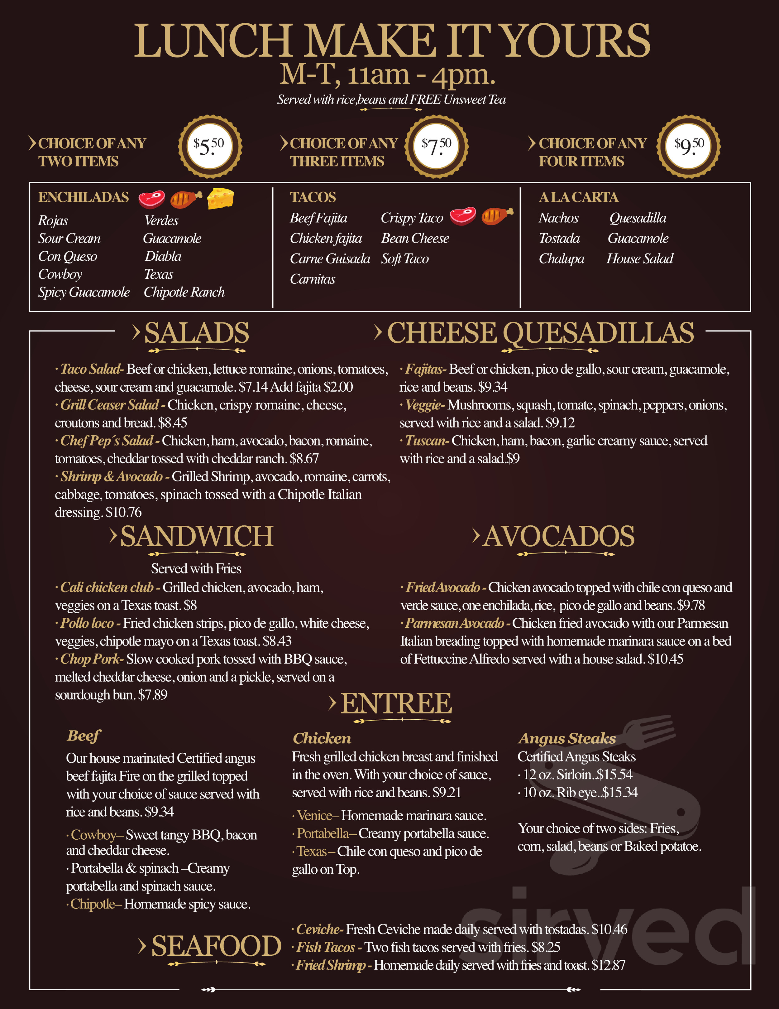 Pep's Mexican Steakhouse menu in Portland, Texas, USA
