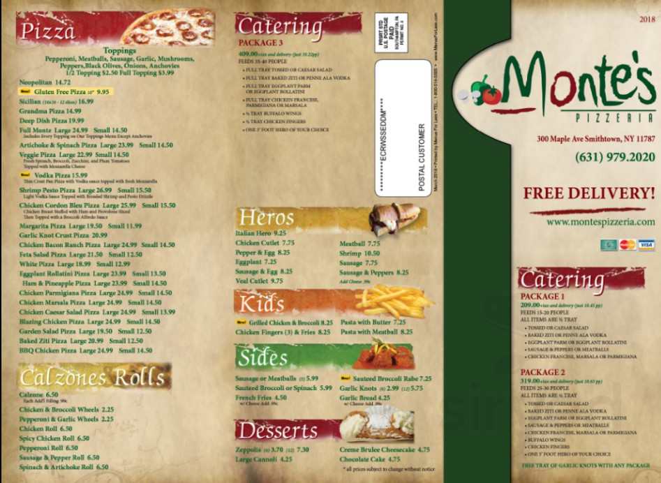 Monte's Pizzeria menu in Smithtown, New York, USA