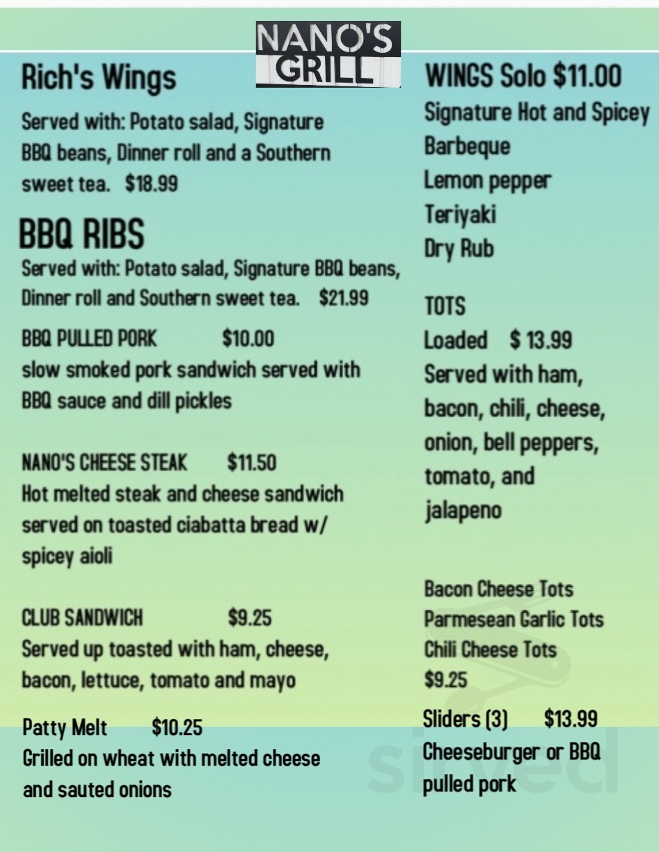 Nano's Grill menu in Juneau, Alaska, USA