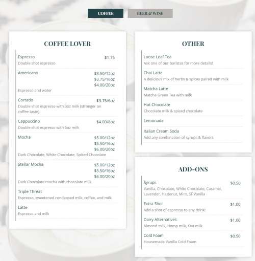 stellar coffee co. atx menu in Austin, Texas, USA