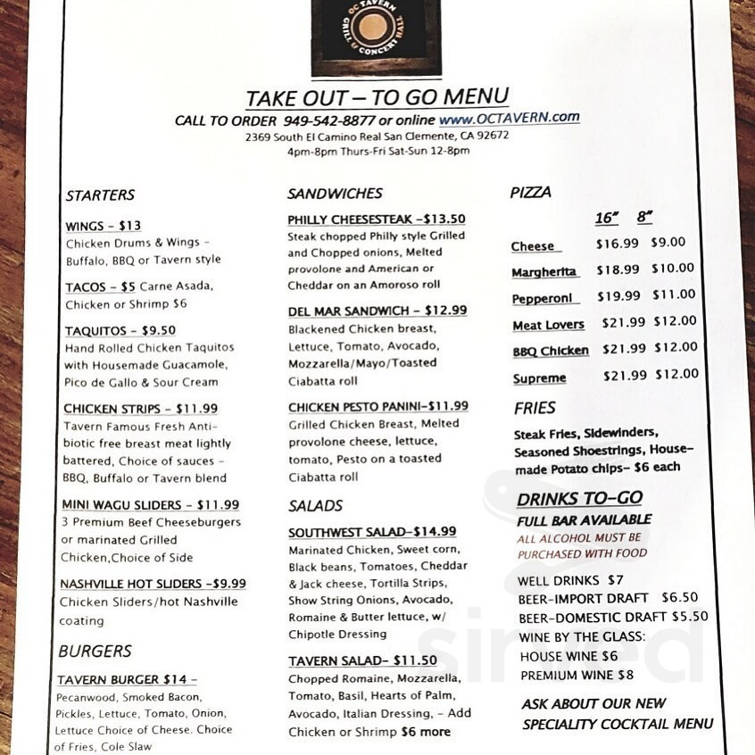 OC Tavern menu in San Clemente, California, USA