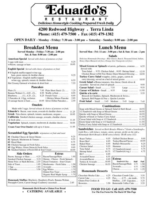 Eduardo's Restaurant menu in San Rafael, California, USA