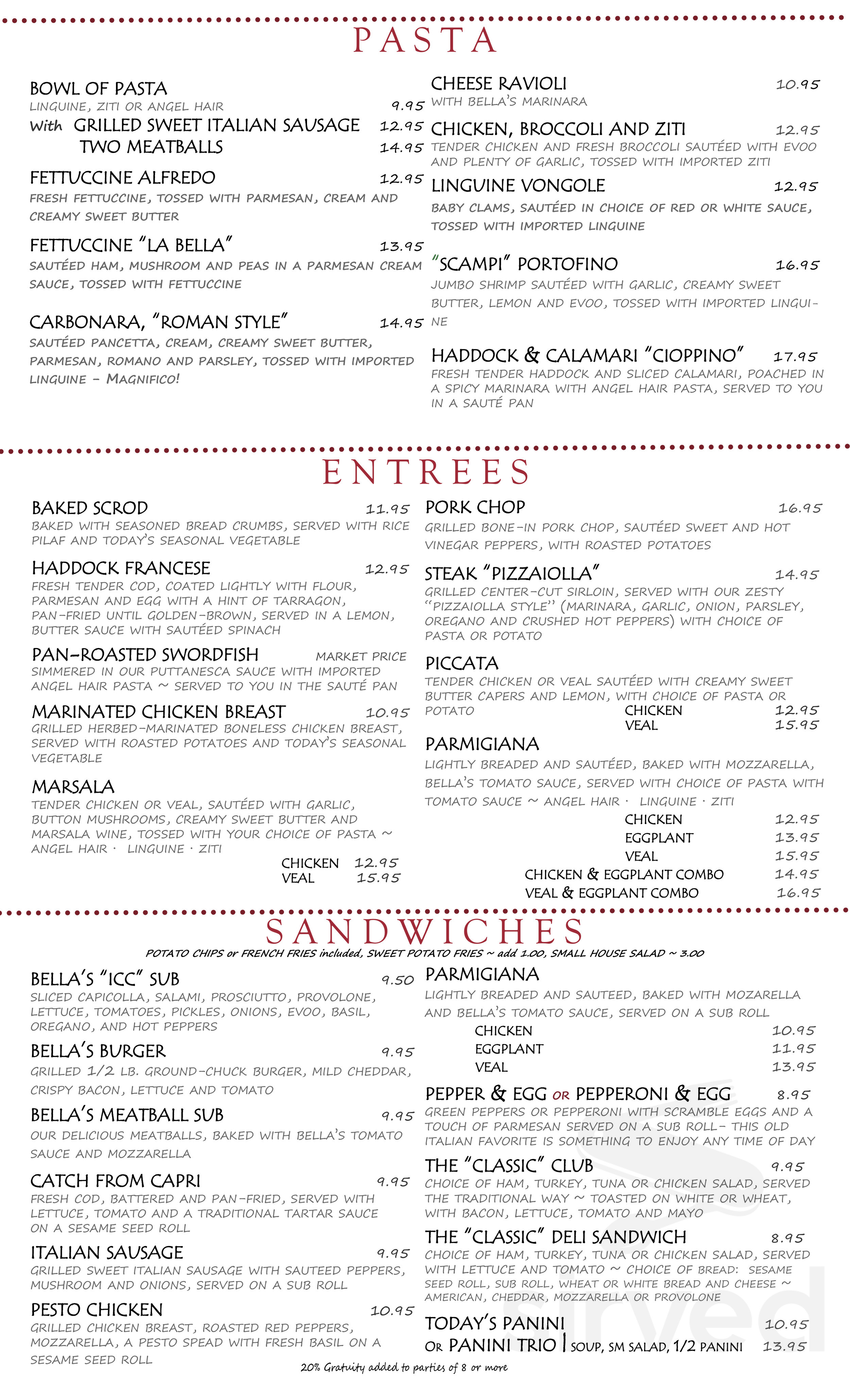 Bella's Restaurant menus in Rockland, Massachusetts, United States
